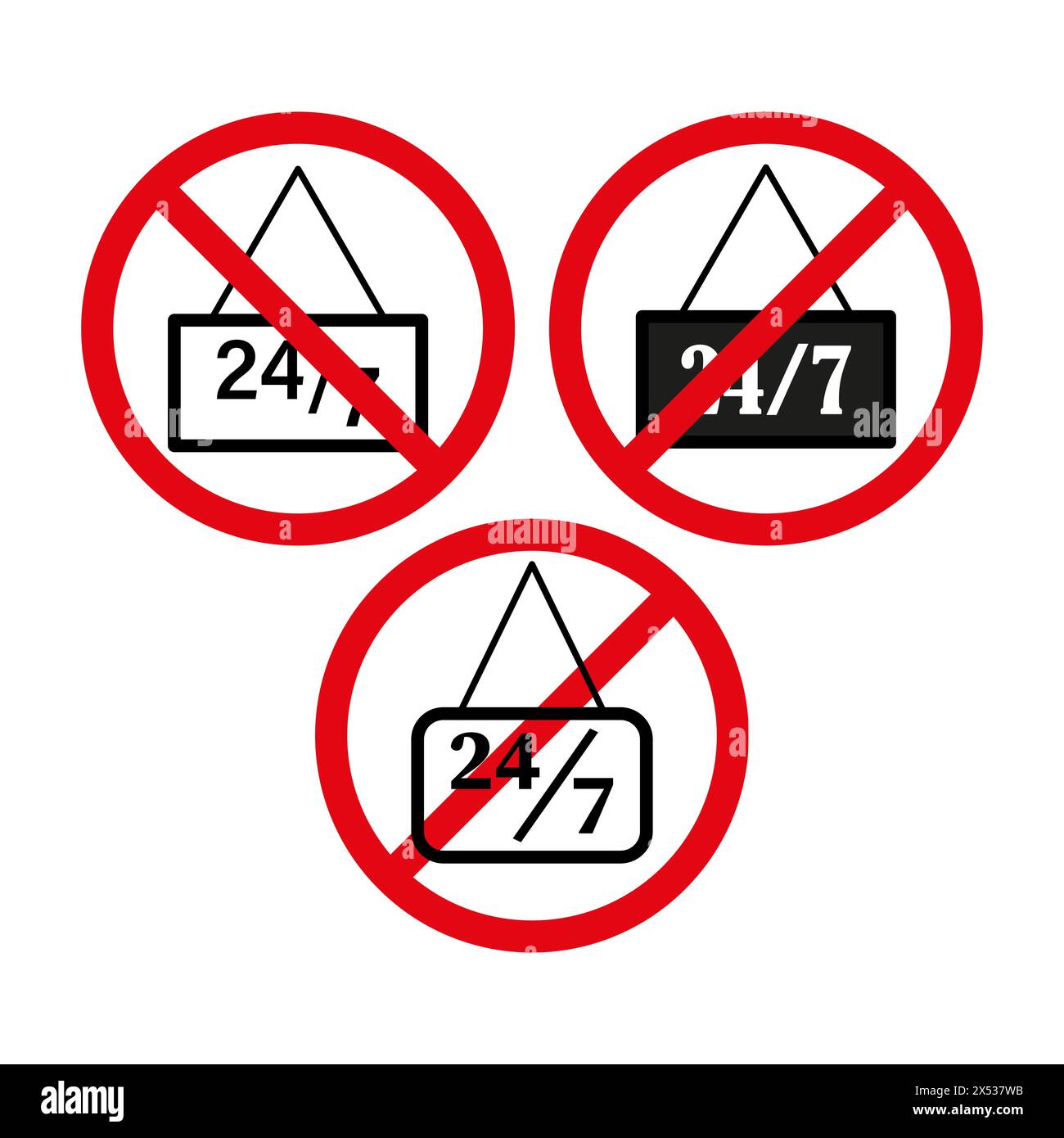 No 24 7 service sign. Red prohibition circles. Vector restriction ...