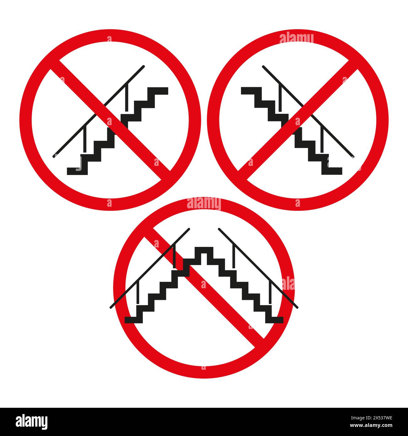 Prohibition signs for stair access. No stairway usage symbols in red ...