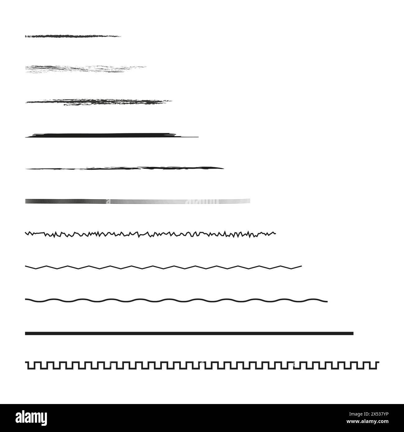 Collection of diverse line brushes. Set of artistic stroke patterns ...