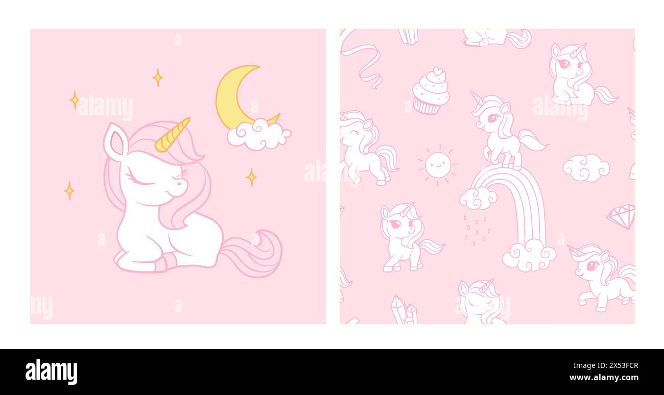 Seamless Pattern With Unicorns Donuts Rainbow Confetti And Other