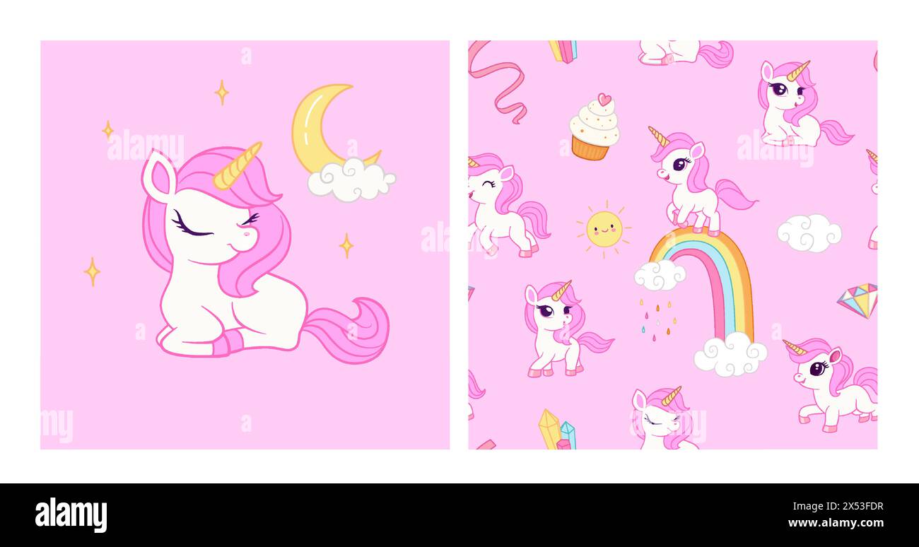 Seamless Pattern With Unicorns Donuts Rainbow Confetti And Other