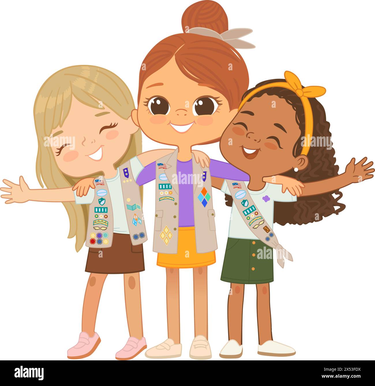 Happy multi ethnic multi aged girls scout hug. Girls Scout happily hug ...