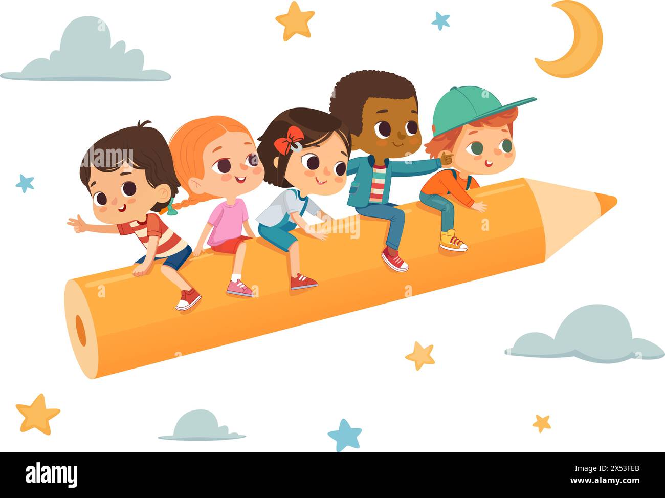 Multicultural Children Fly While Sitting Astride a Yellow Pencil ...