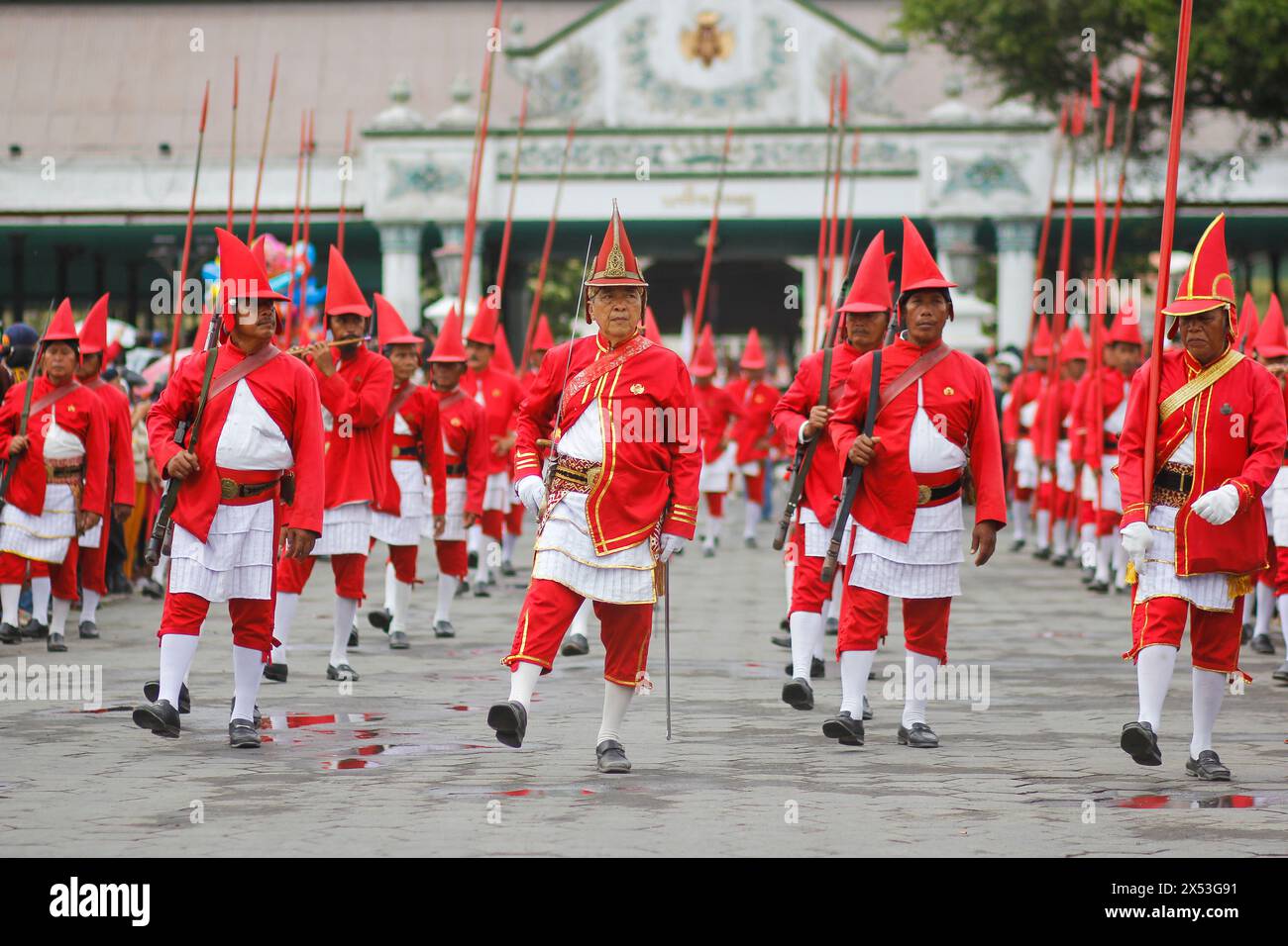 Soldiers of the Yogyakarta Palace march in the Grebeg Besar tradition ...