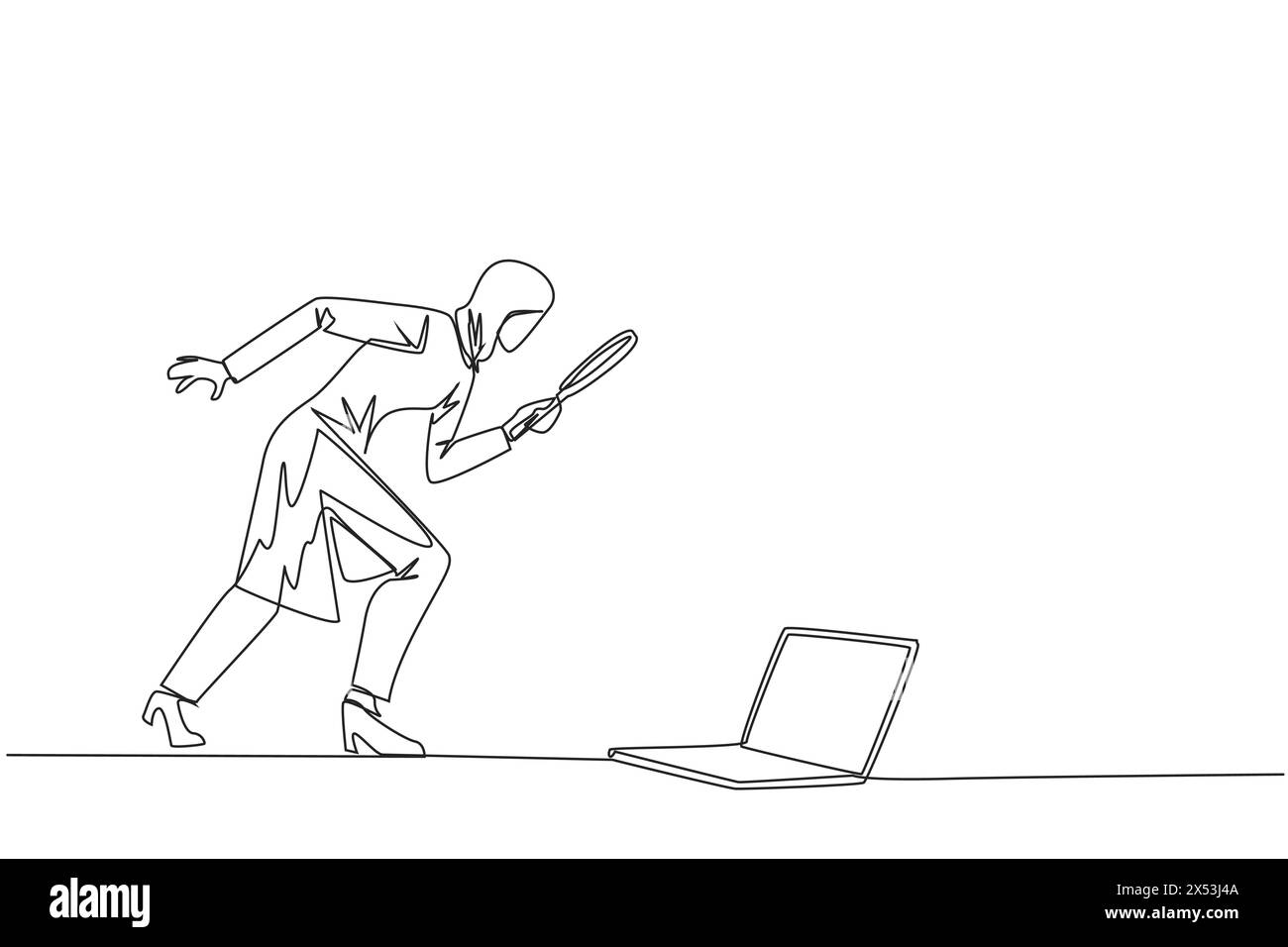 Single continuous line drawing of Arabian businesswoman holding magnifying glass looking at ...