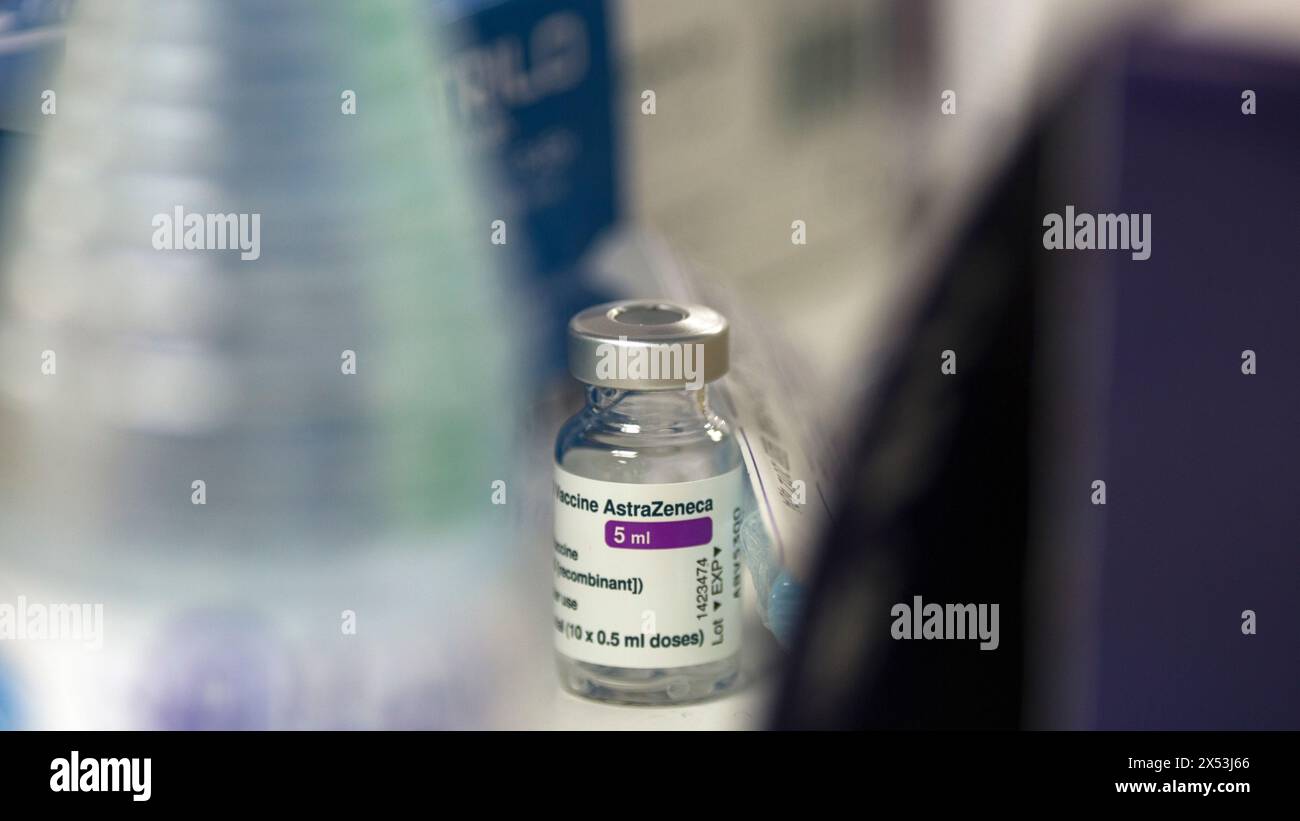 Madrid, Spain. 9th Apr, 2021. A vial containing AstraZeneca vaccine ...