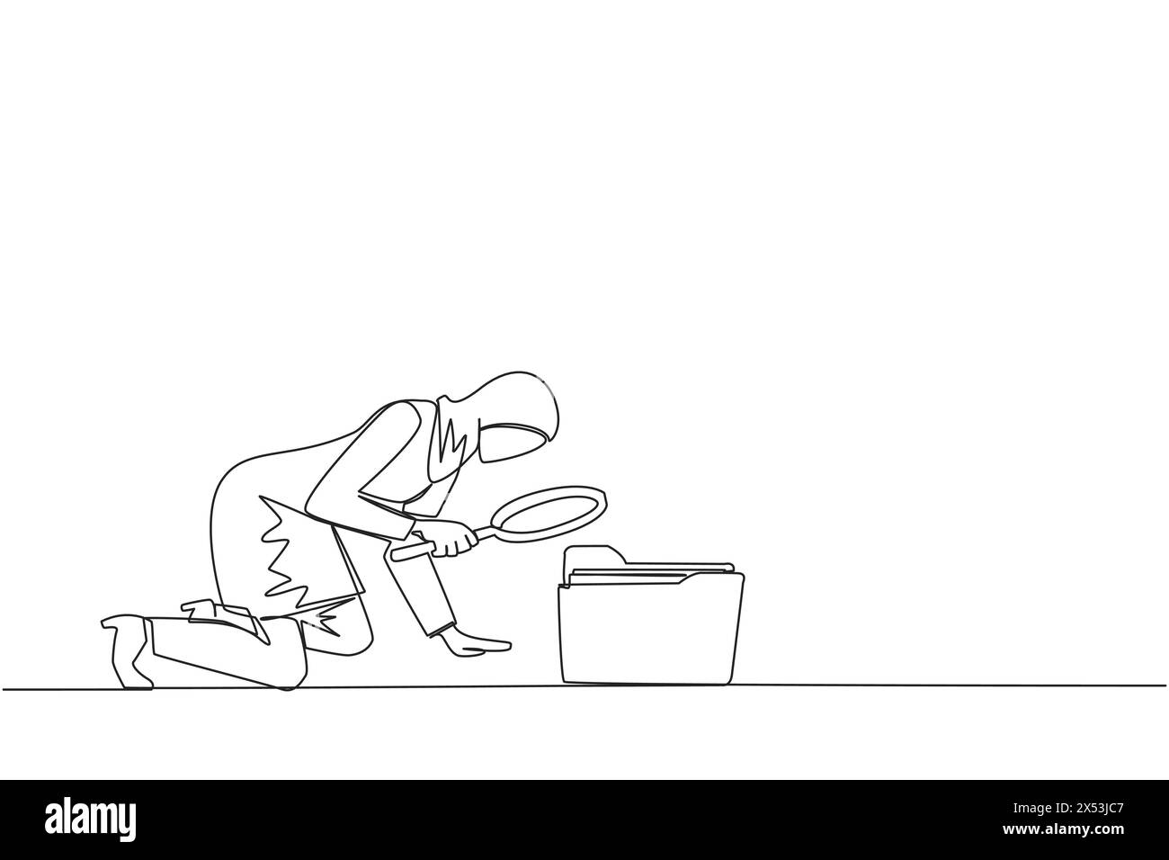 Continuous one line drawing Arabian businesswoman holds magnifying ...