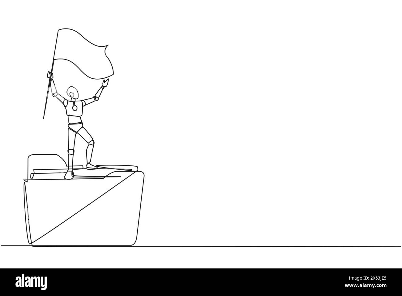 Single continuous line drawing of robots standing on big folder icon ...