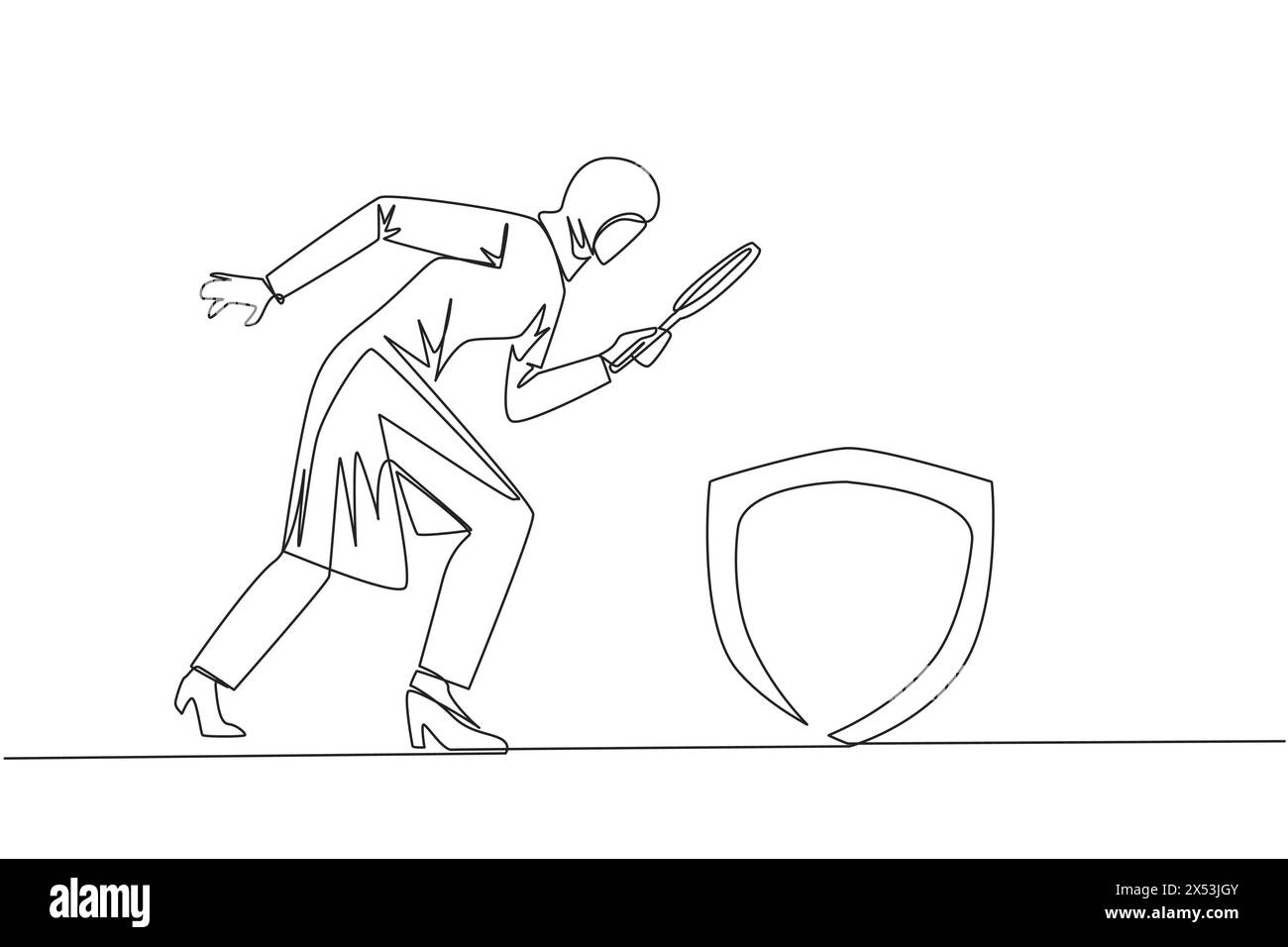 Single continuous line drawing Arabian businesswoman holds magnifying ...