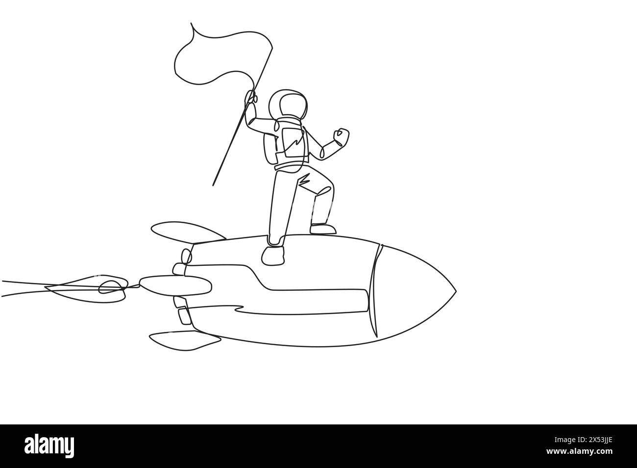 Single one line drawing young energetic astronaut standing on flying ...