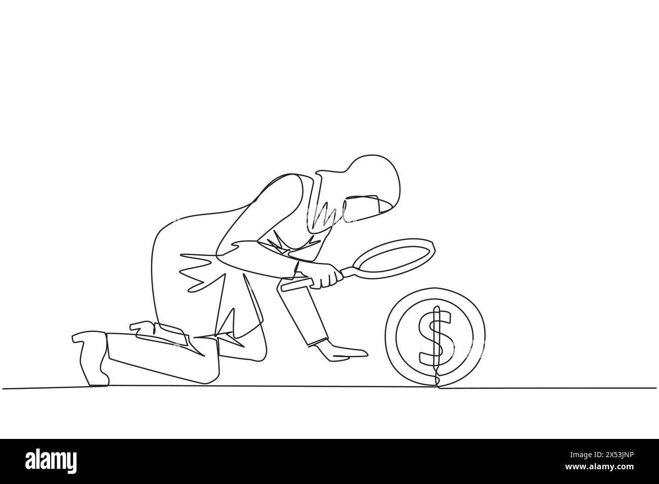 Single continuous line drawing Arabian businesswoman holding magnifying ...