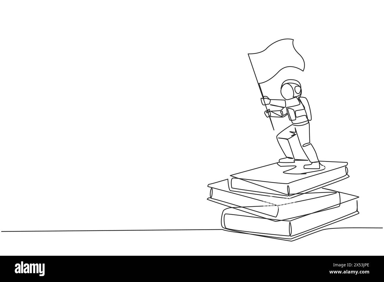 Continuous one line drawing young astronaut standing on stack of giant ...