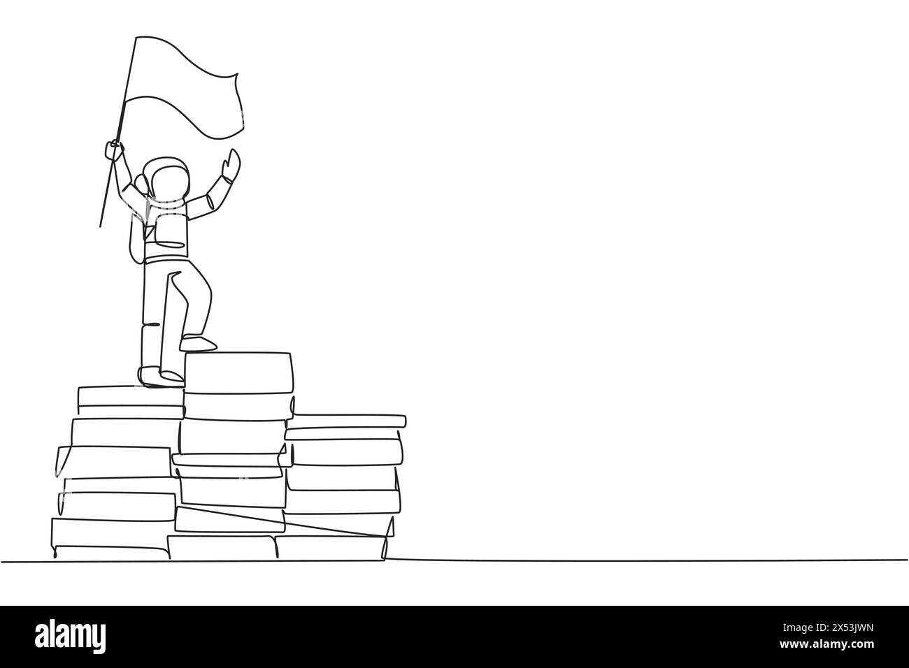 Single continuous line drawing young energetic astronaut standing on ...