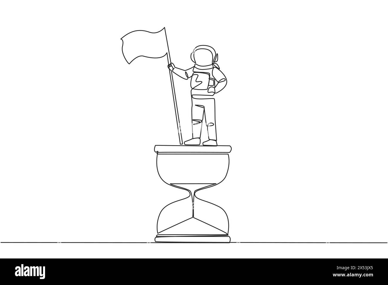 Continuous one line drawing young energetic astronaut standing on giant ...