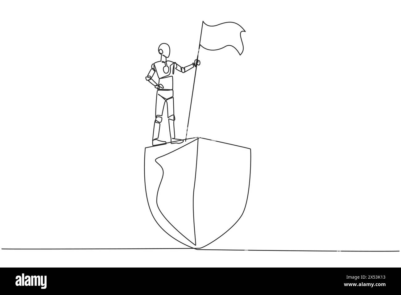 Continuous one line drawing of robotics standing on giant shield ...