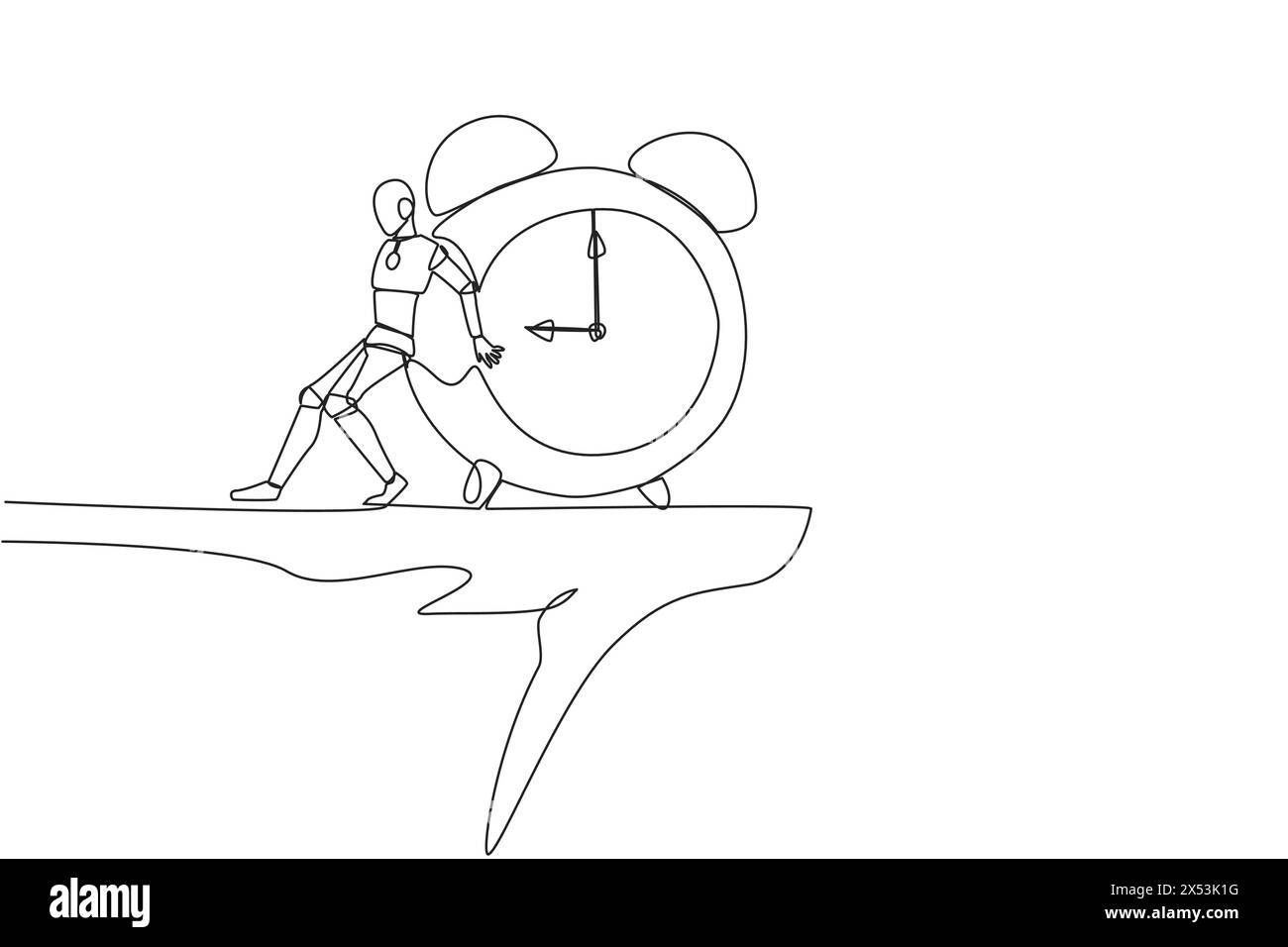 Single continuous line drawing robot pushes giant alarm clock down the ...