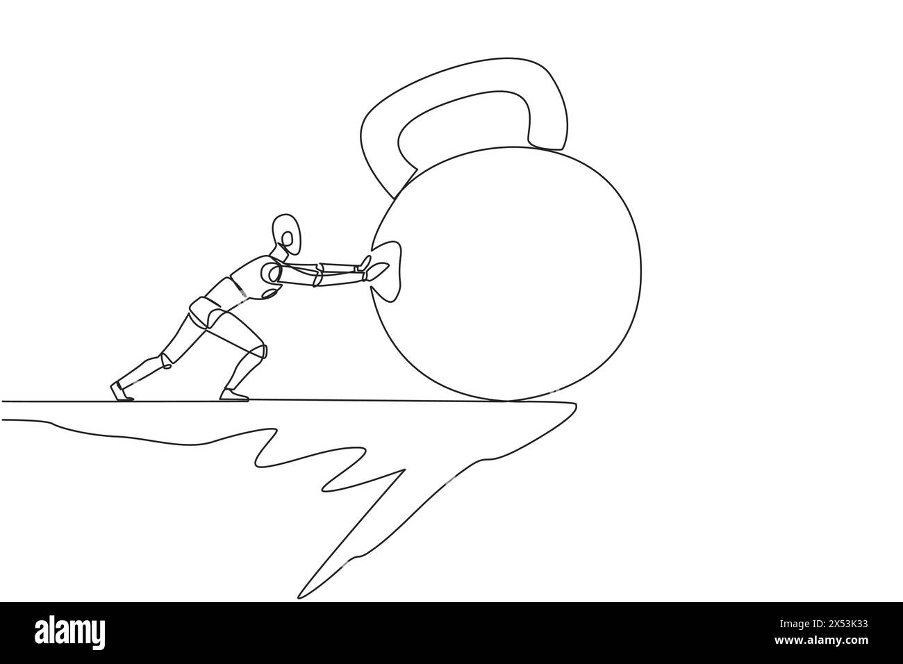 Single one line drawing robot pushes the large kettlebell down from the ...