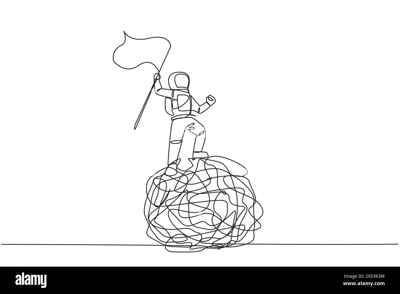 Continuous one line drawing young energetic astronaut standing on giant ...