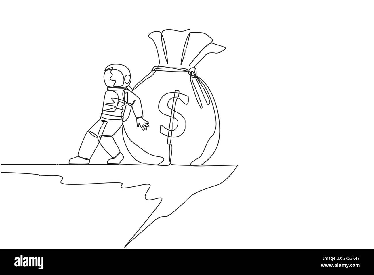 Continuous one line drawing astronaut pushed giant money bag down with ...