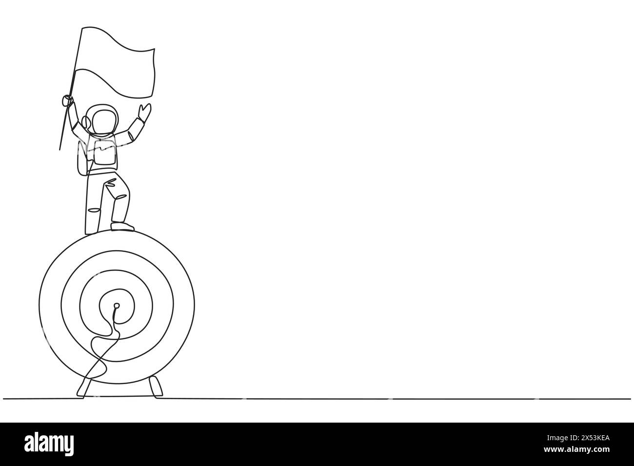 Continuous one line drawing young energetic astronaut standing on giant ...