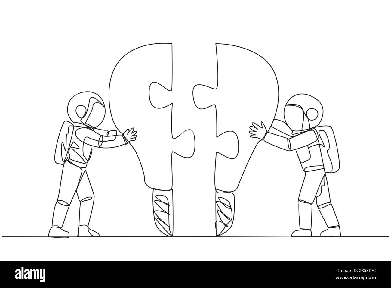 Single continuous line drawing two astronauts pushing two lightbulb-shaped puzzle pieces ...
