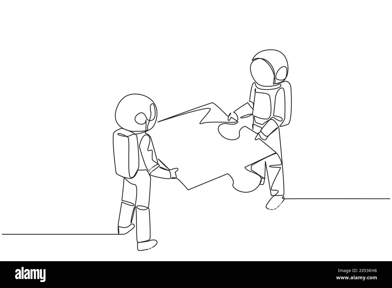 Single one line drawing two astronauts lift huge puzzle piece together. Teamwork moves the ...