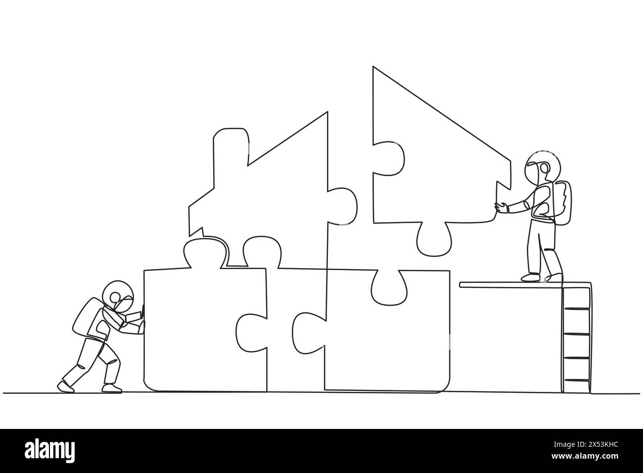 Continuous one line drawing two astronauts put together square puzzle in the shape of house ...