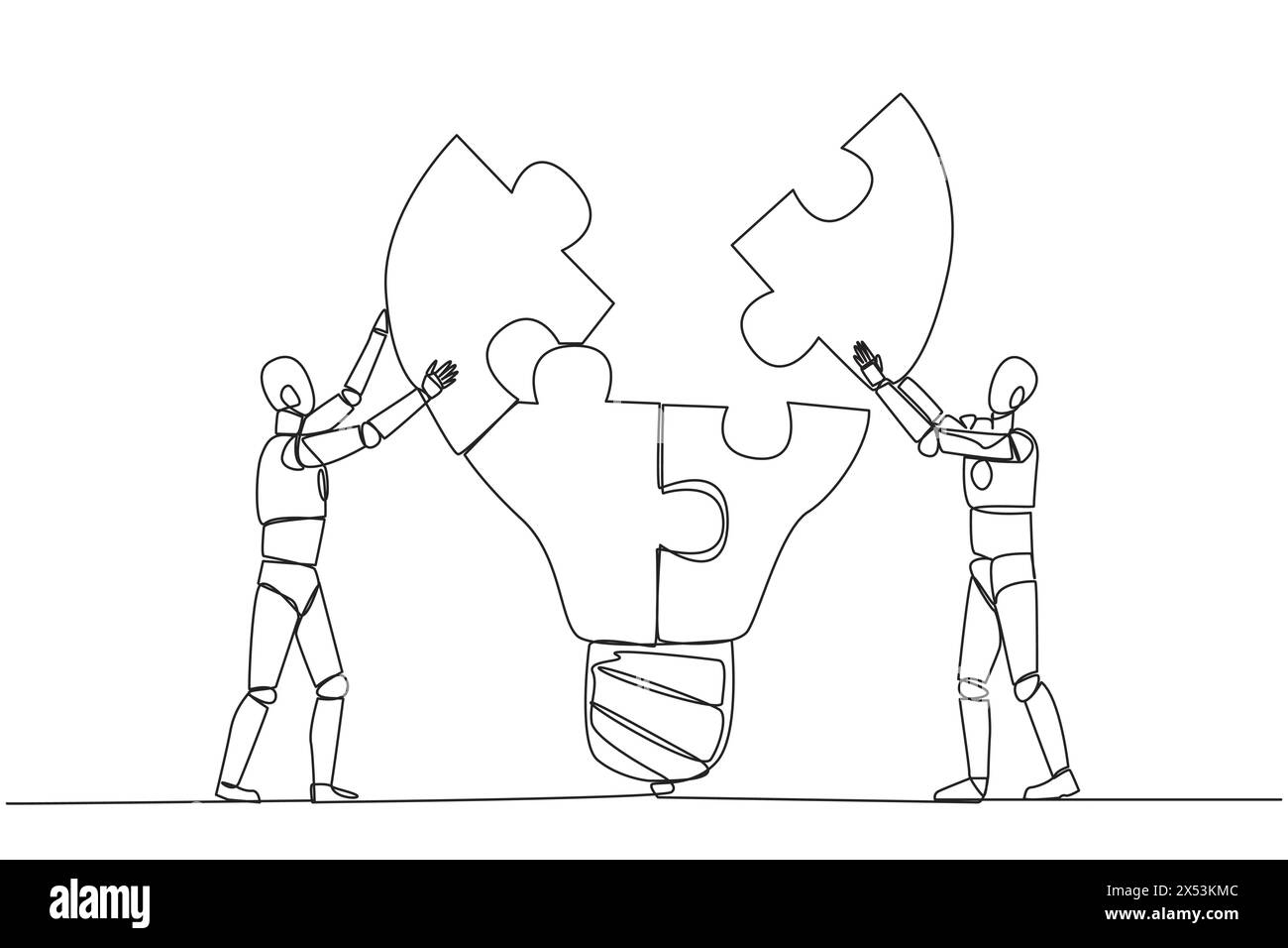 Single continuous line drawing two robots work in teams to complete a lightbulb-top puzzle ...
