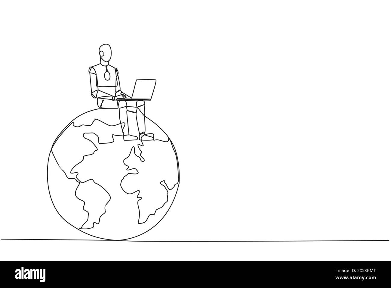 Continuous one line drawing robotic artificial intelligence sitting on ...