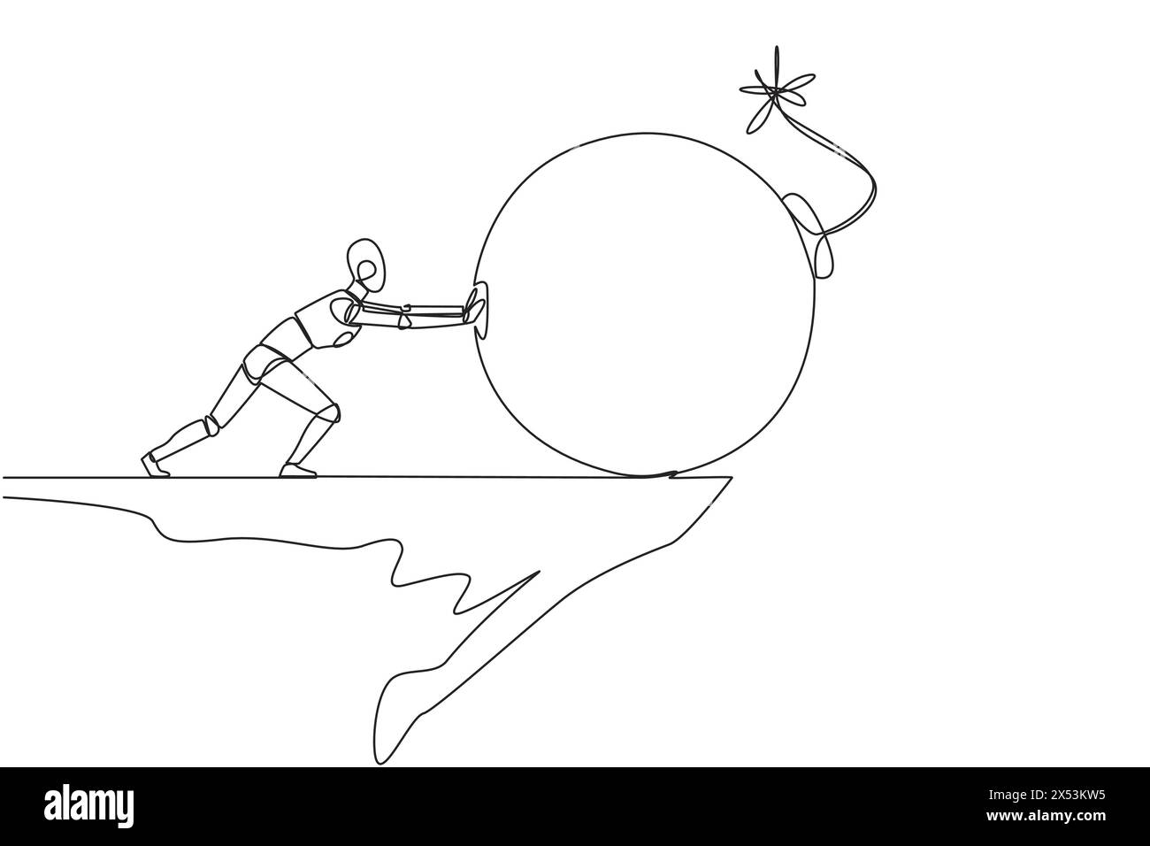 Continuous one line drawing robot pushes large bomb with a burning fuse ...