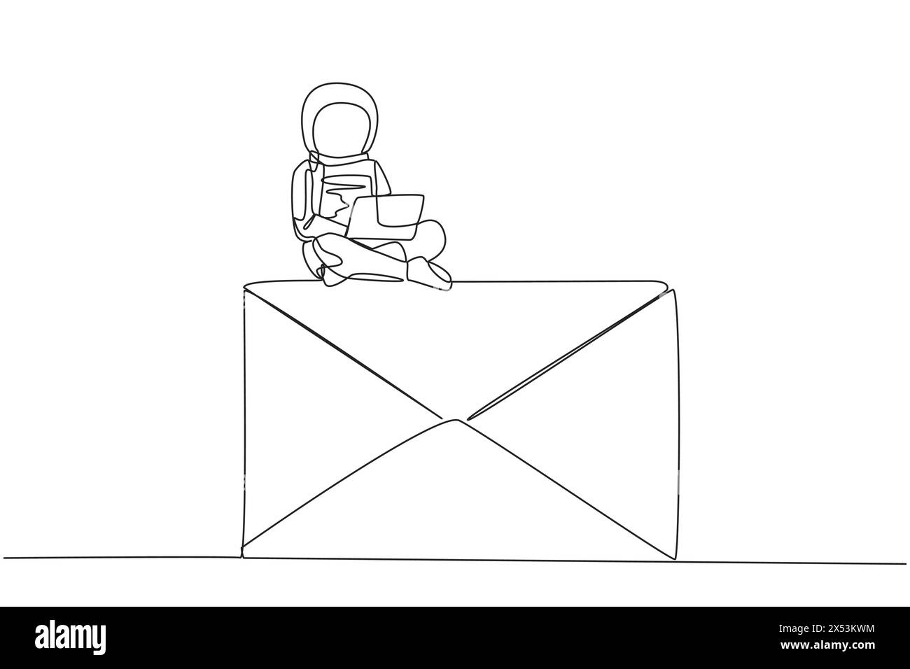 Single continuous line drawing young astronaut sitting on giant email ...