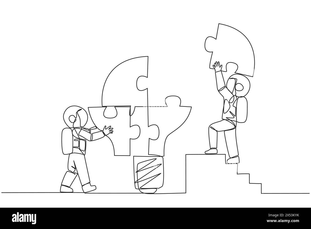Single one line drawing two astronauts put together four lightbulb-shaped puzzle pieces ...