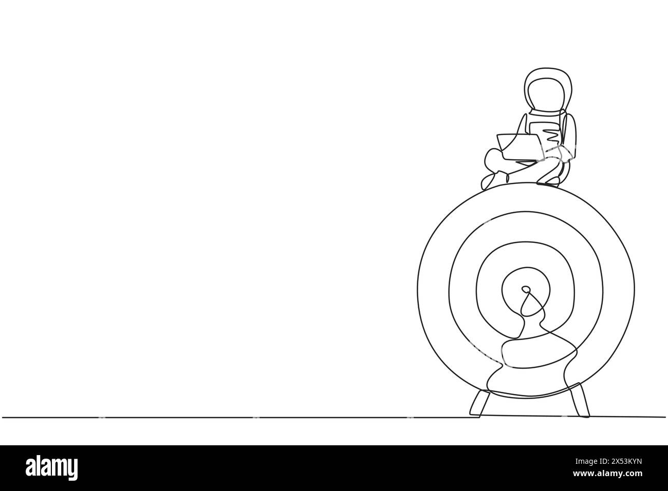 Continuous one line drawing young astronaut sitting on giant arrow ...