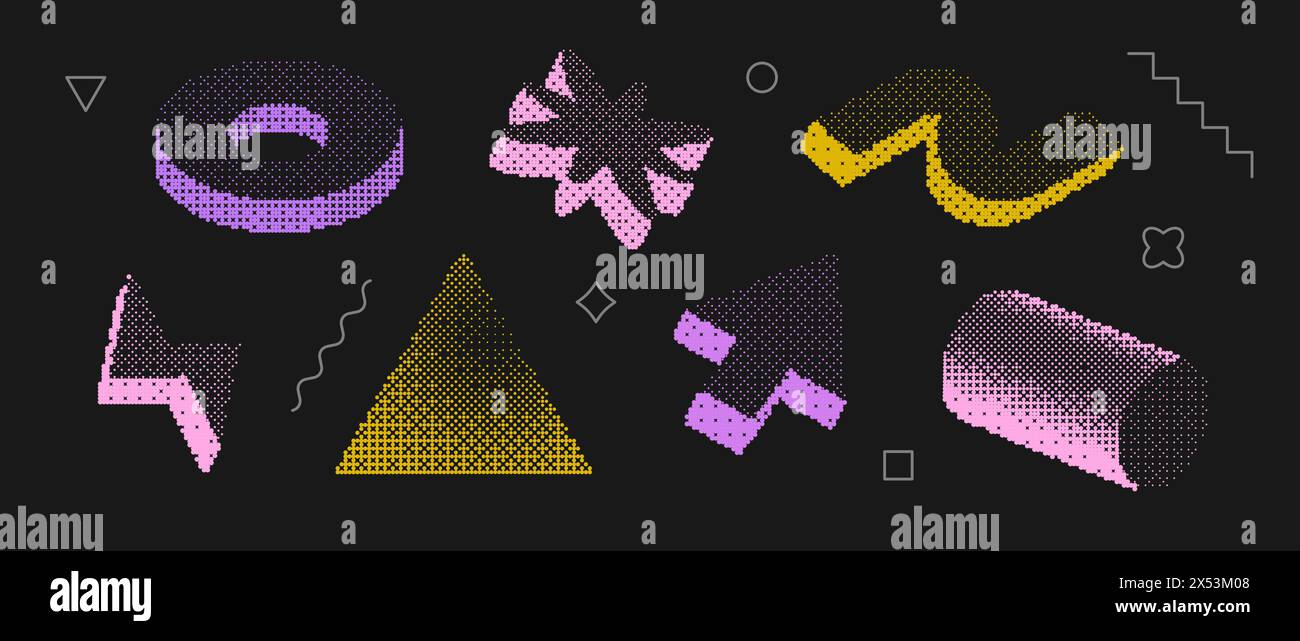 Bitmap textured shape set. Dither halftone objects collection. Colorful ...
