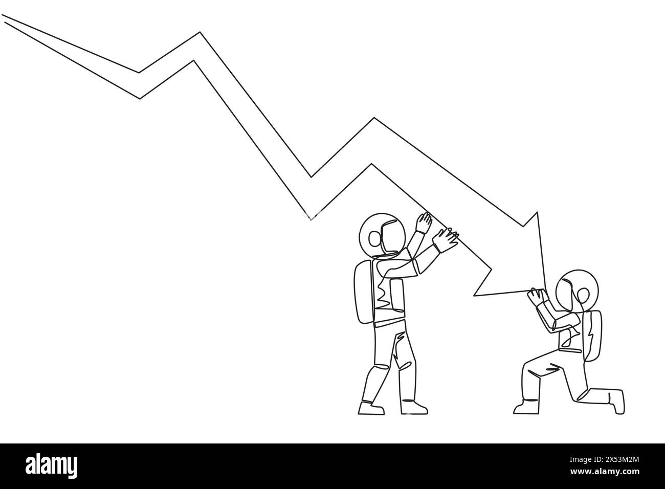 Continuous one line drawing two astronauts holding large arrow charts swooping down. One of them ...