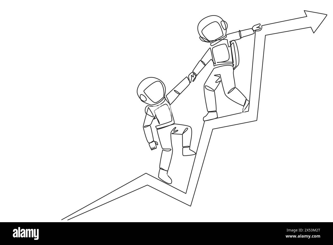 Single continuous line drawing astronaut pulls arm of another astronaut ... Single continuous line drawing astronaut pulls arm of another astronaut ...