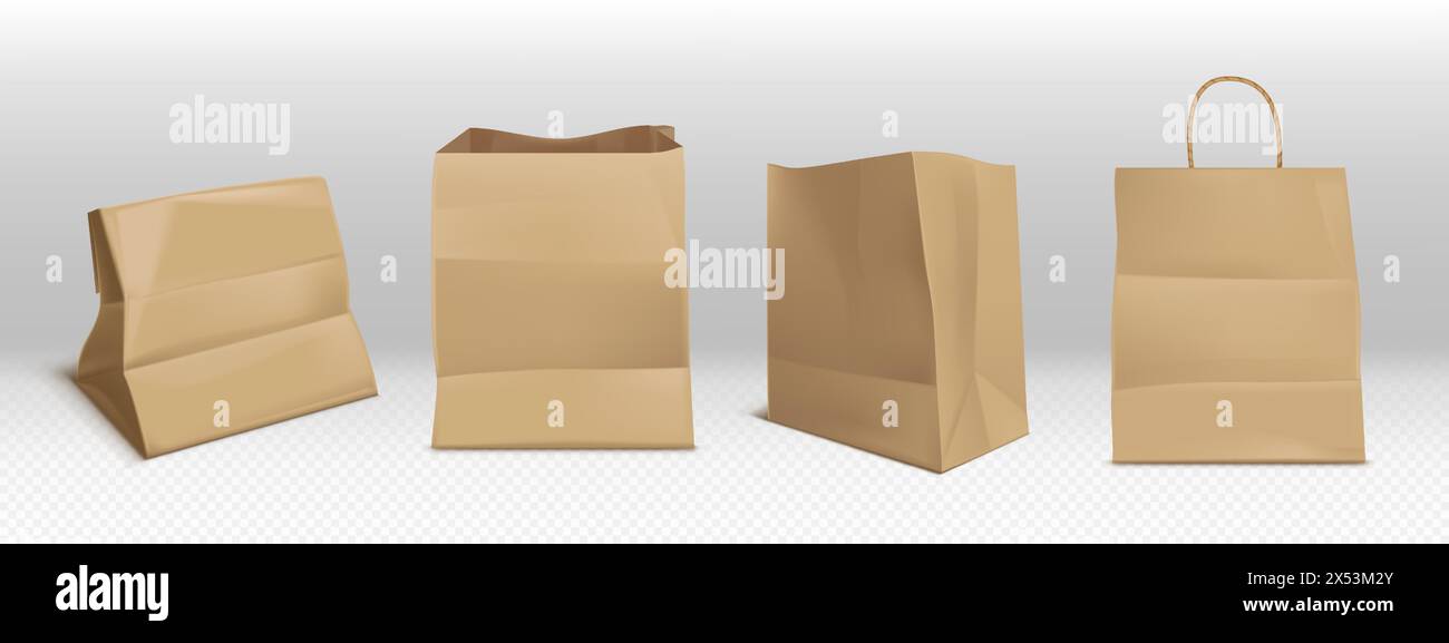 Craft brown paper bags mockup. Realistic vector illustration set of ...