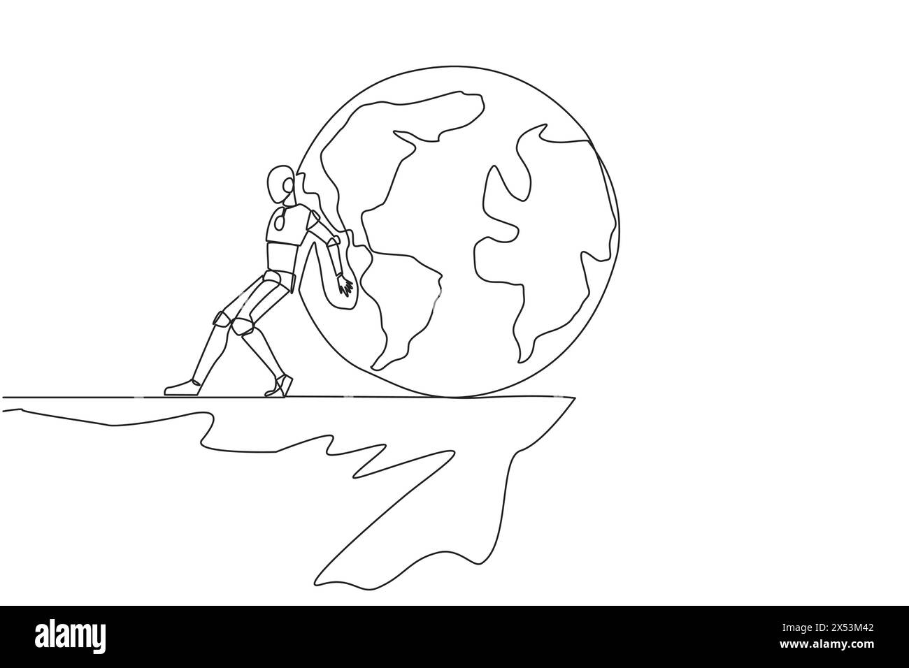 Single continuous line drawing robot pushes a large globe down on its ...