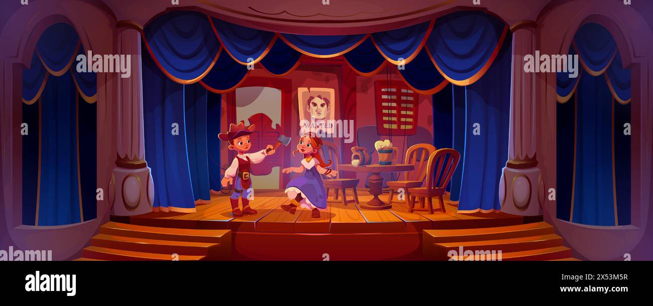 Kids on theatre stage acting performance about texas wild west in ...