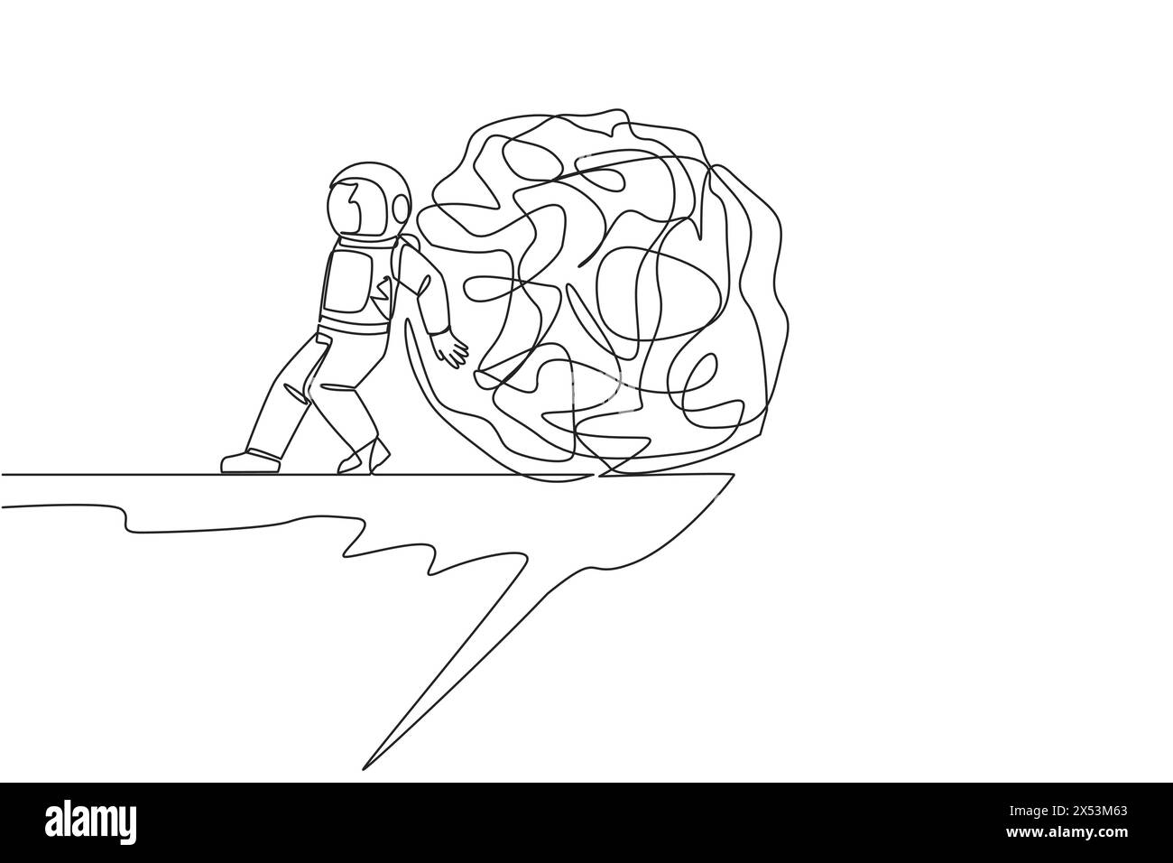 Continuous one line drawing astronaut pushed giant tangled circle down ...