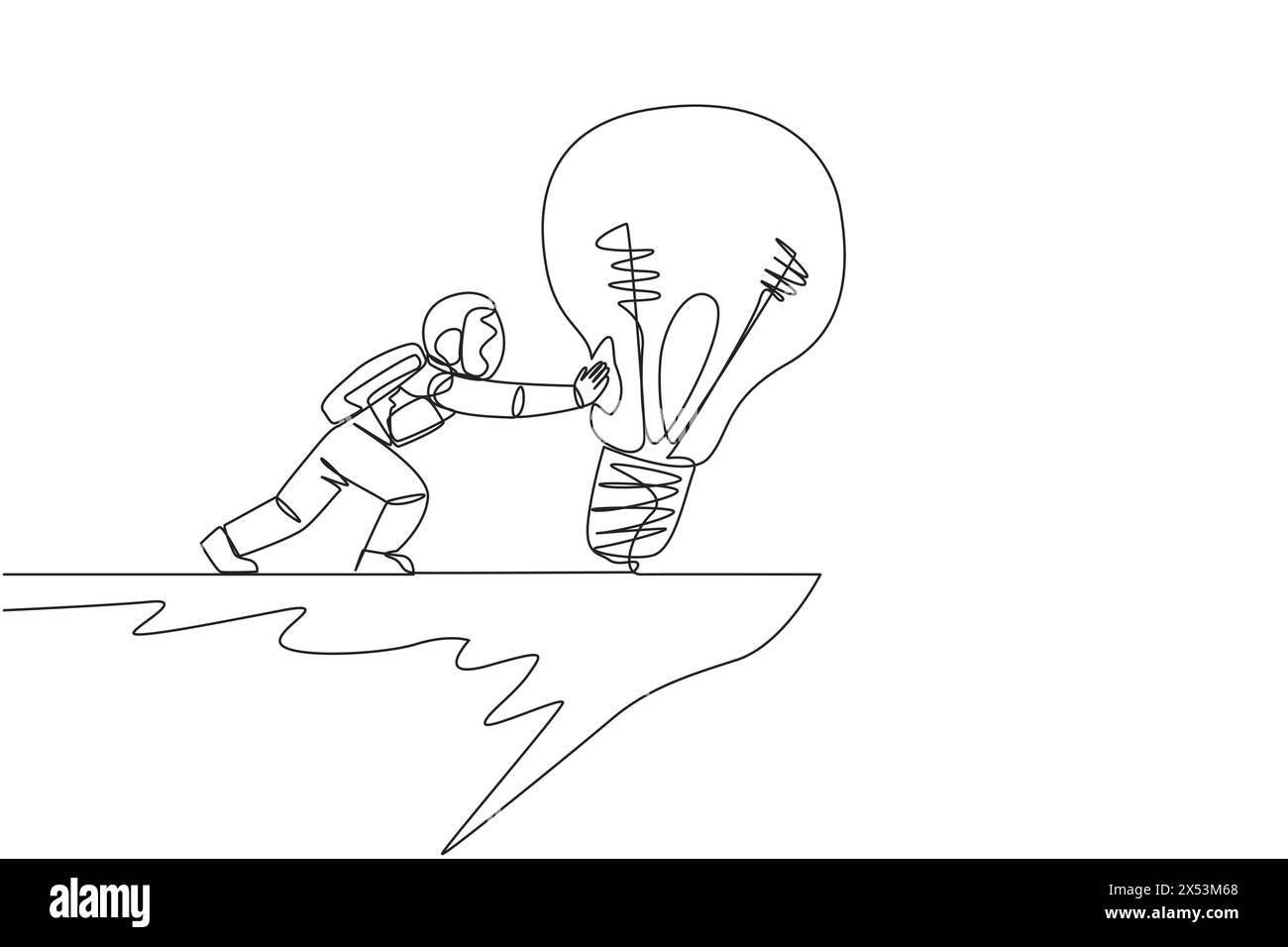 Single continuous line drawing astronaut pushes a large lightbulb over ...