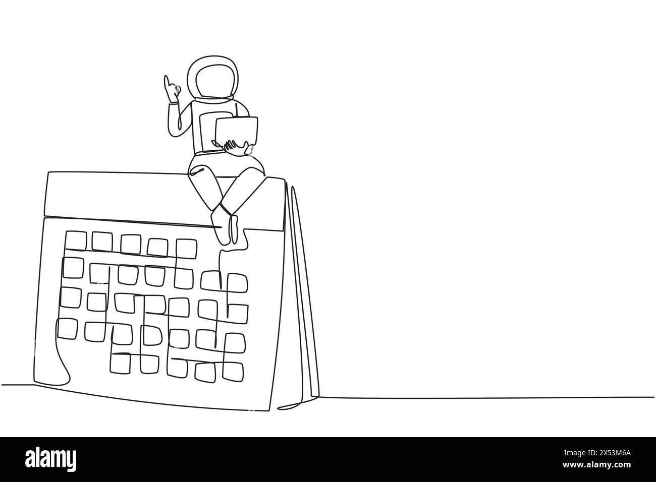 Continuous one line drawing young energetic astronaut sitting on giant ...