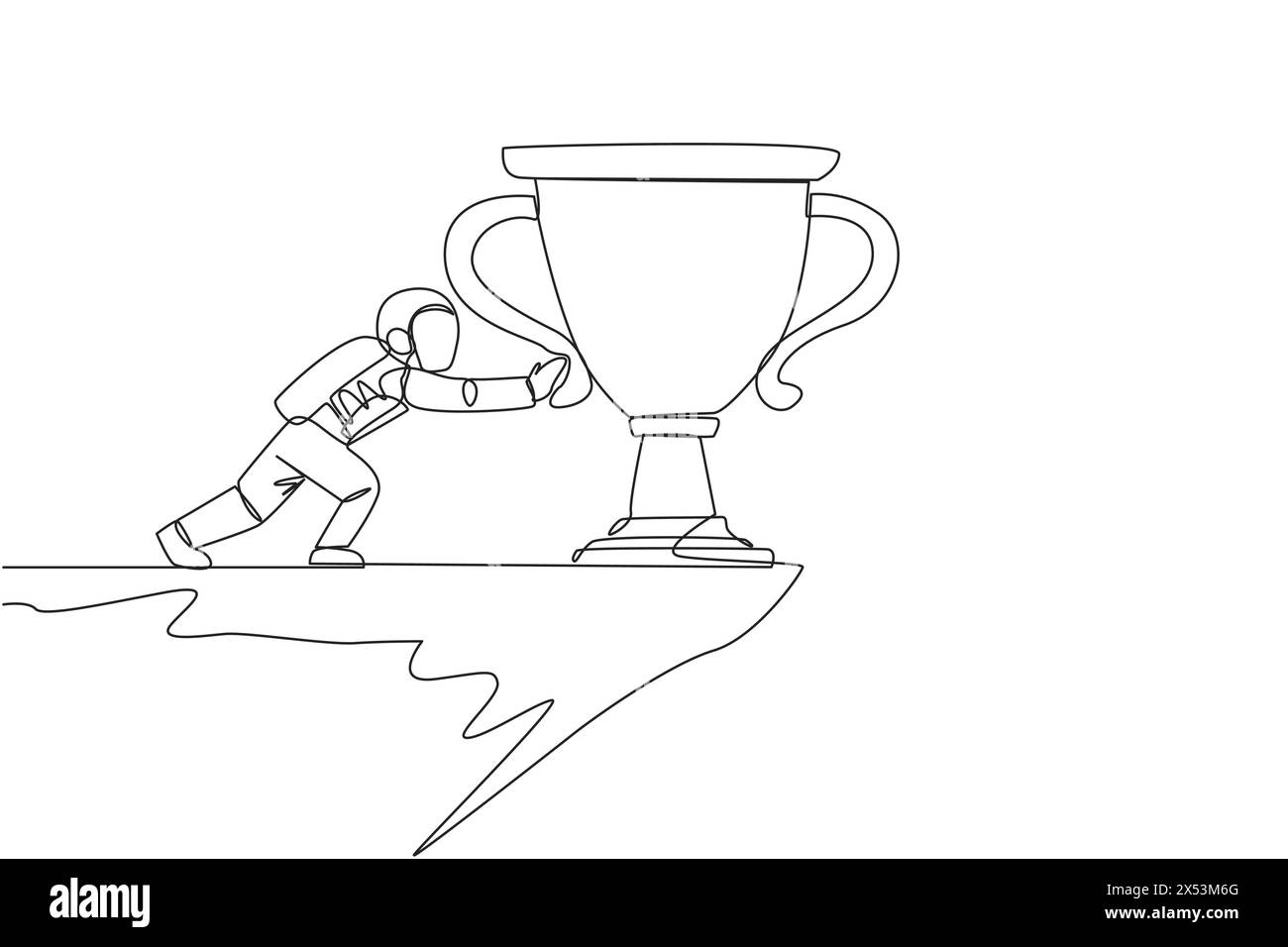 Continuous one line drawing astronaut pushes giant trophy over the edge ...