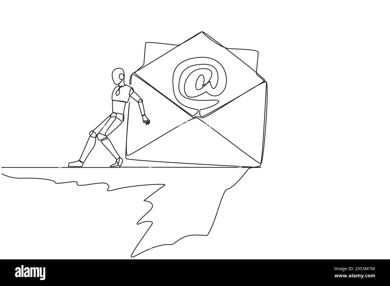 Continuous one line drawing robot pushes a large email icon down with ...