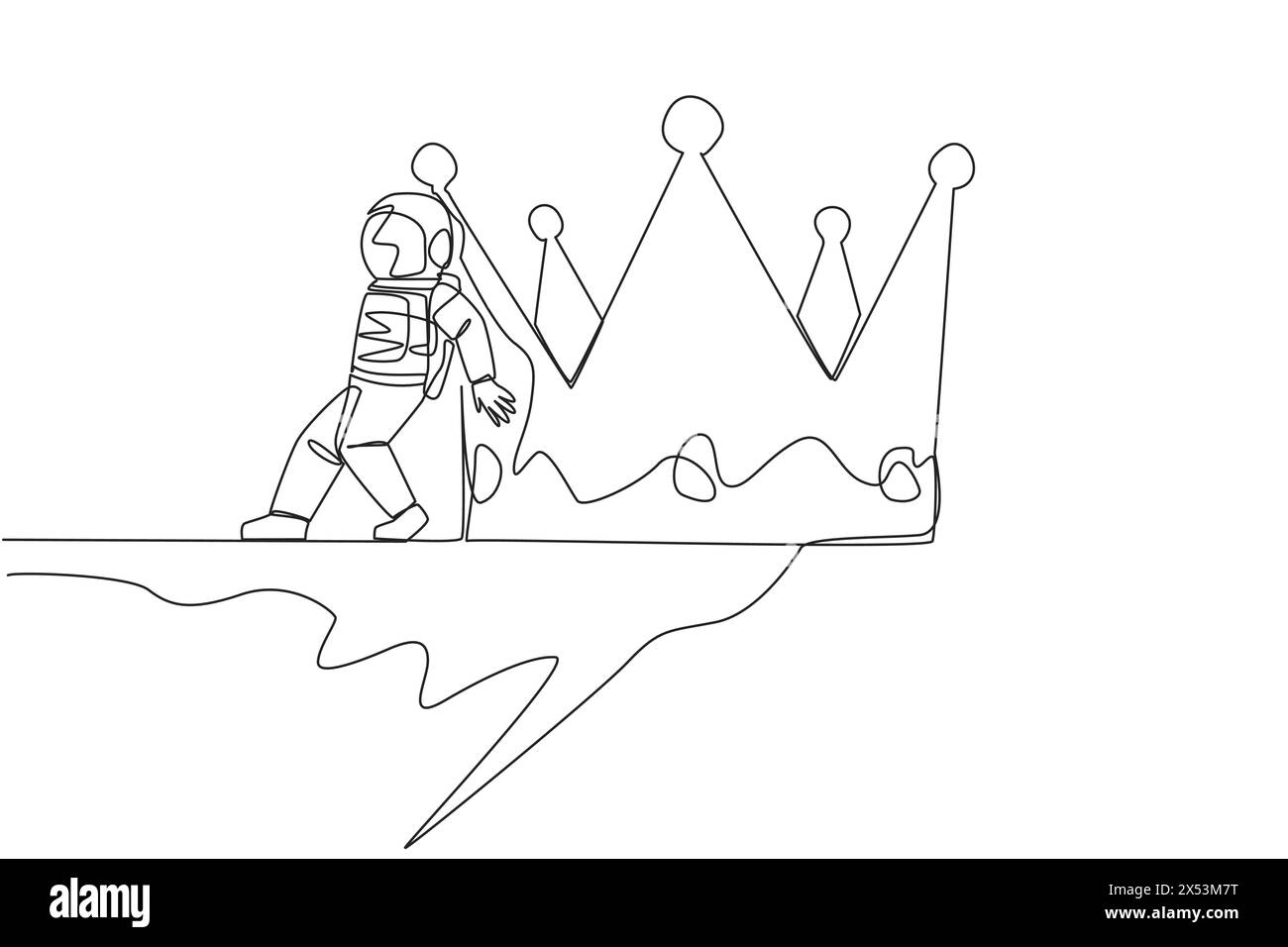 Single one line drawing astronaut pushed giant crown down with his back ...