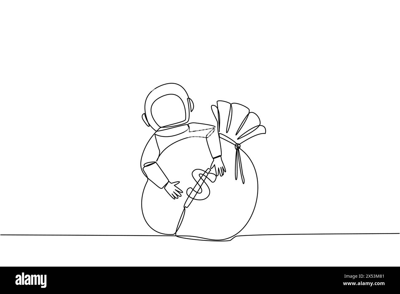 Single continuous line drawing astronaut hugging money bag. The ...