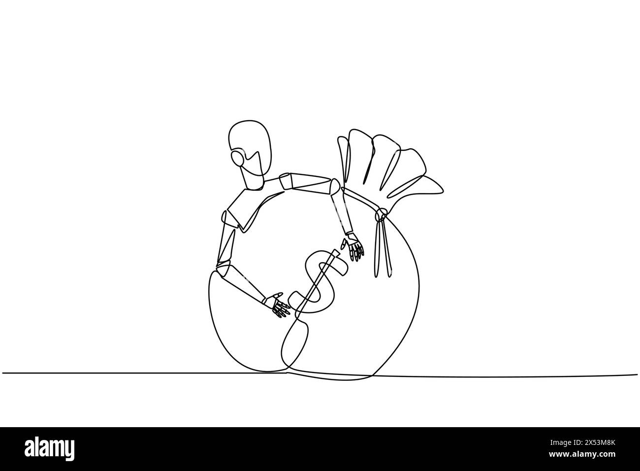 Single one line drawing robot hugging money bag. The smarter the robot ...
