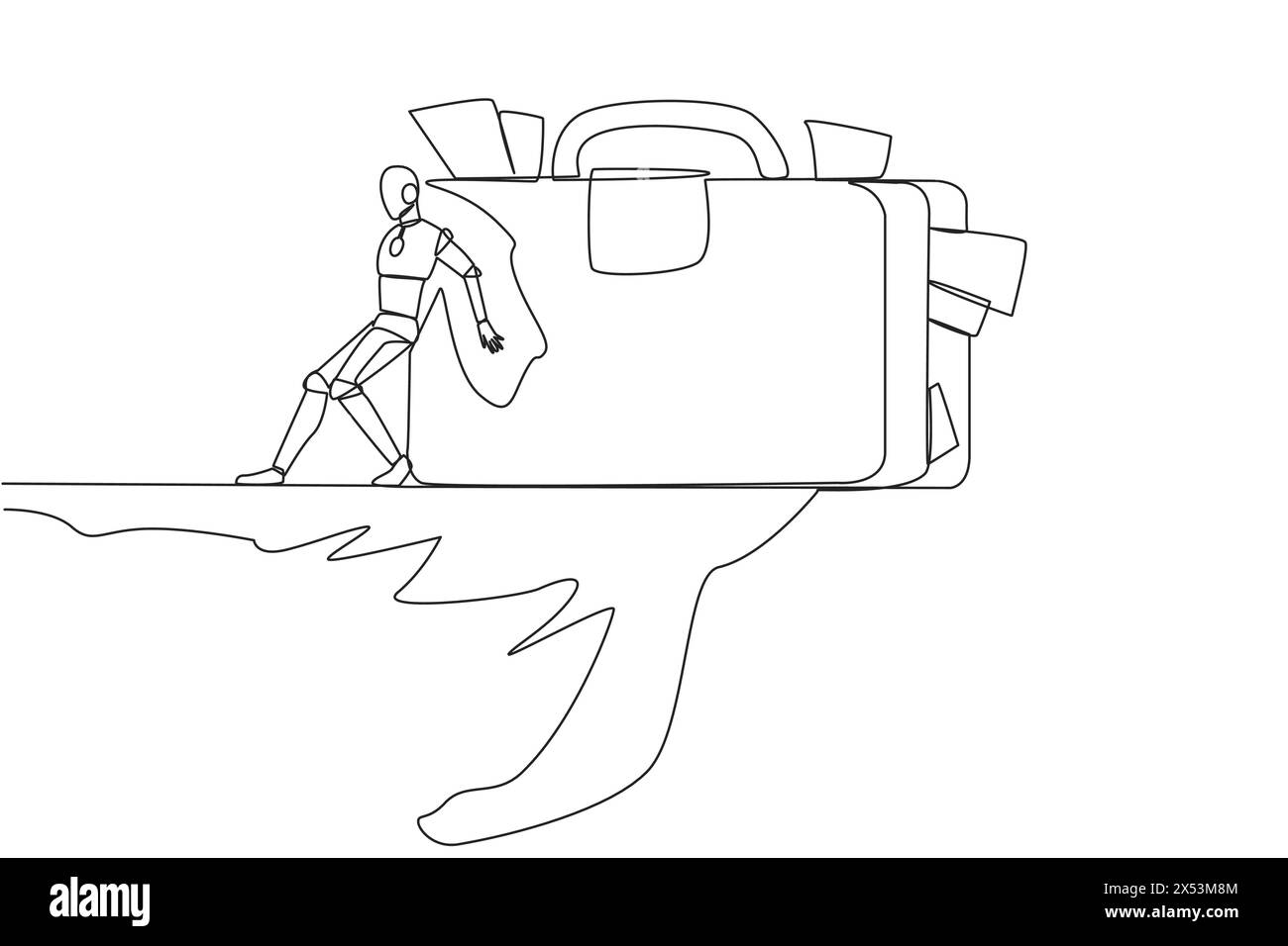 Single continuous line drawing robot pushes giant briefcase down with ...