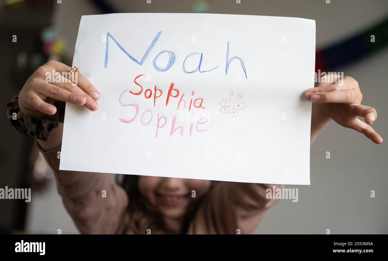 Leipzig, Germany. 06th May, 2024. A child has written the first names ...