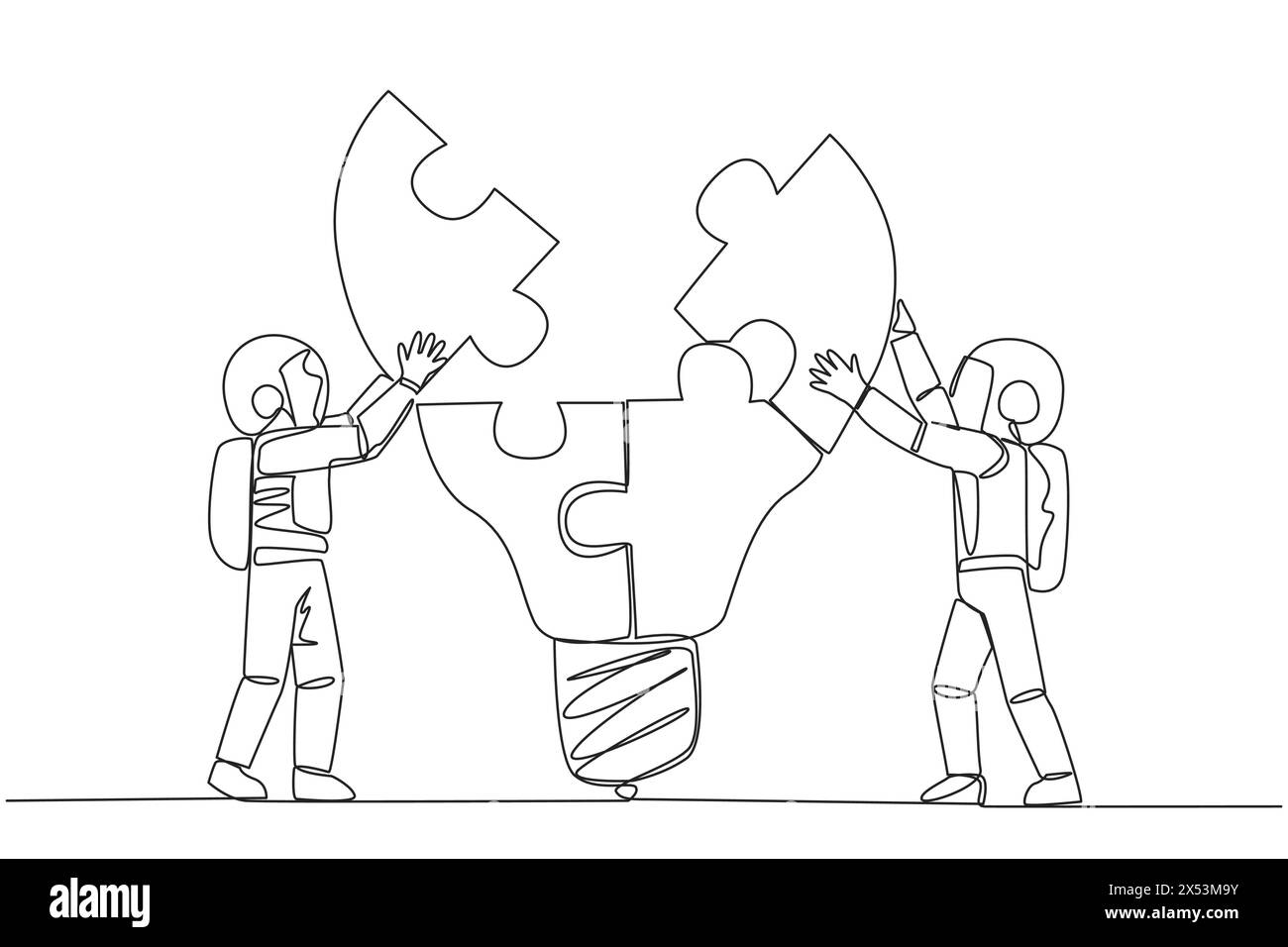Single one line drawing two astronauts work in teams to complete a lightbulb-top puzzle. Working ...